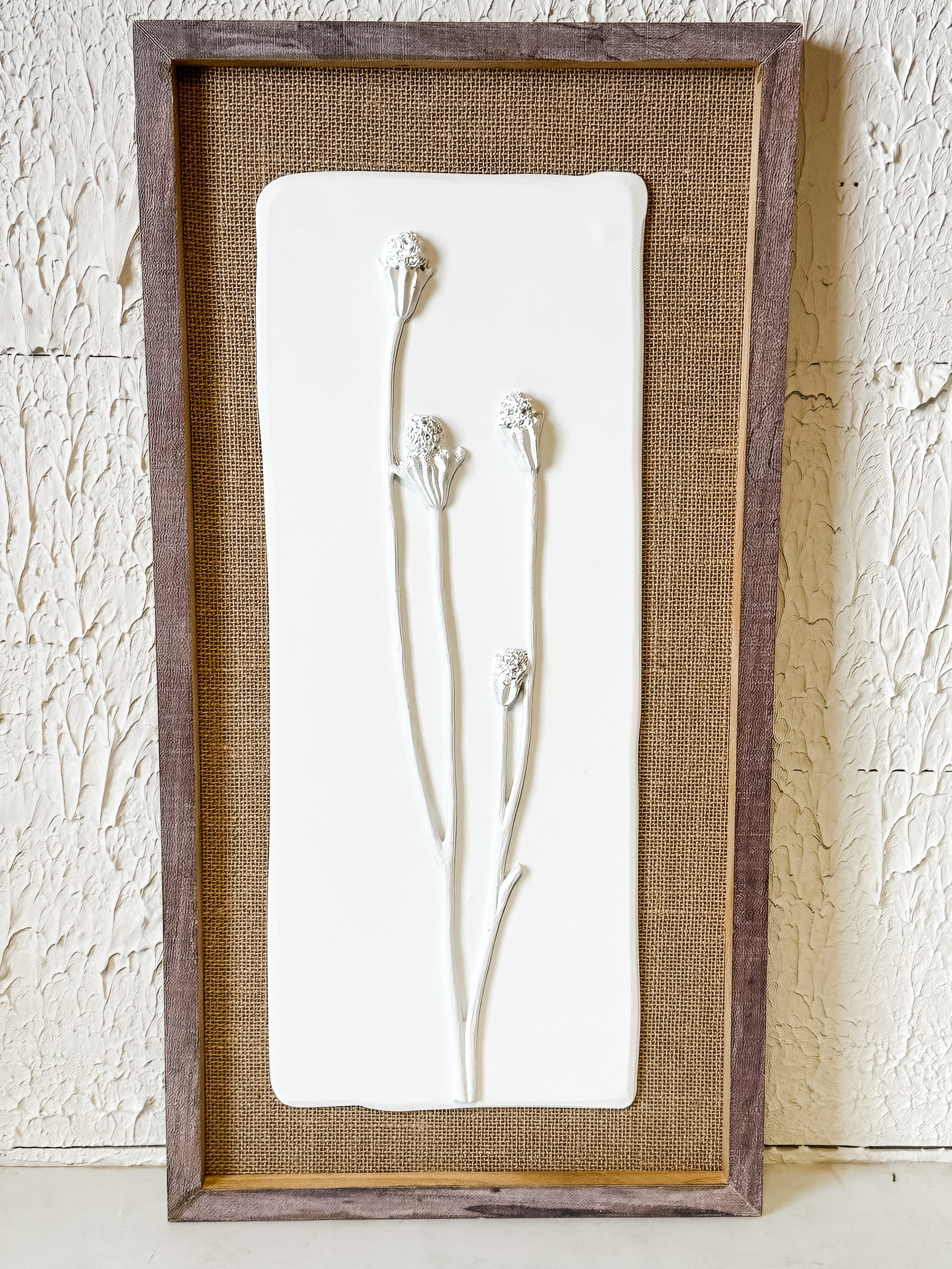 Wood Framed Wall Decor with Plaster Cast Botanical & Jute Mat, White ...