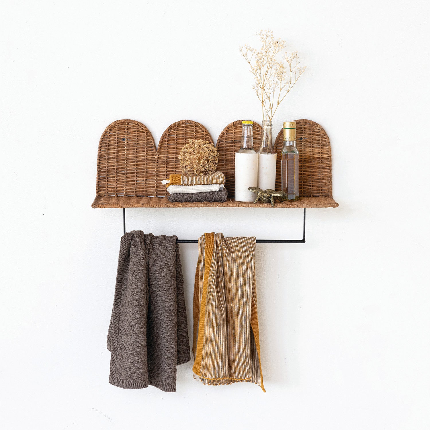 Creative Co op Rattan Wicker Wall Shelf with Scalloped Edge and Metal Rod Natural