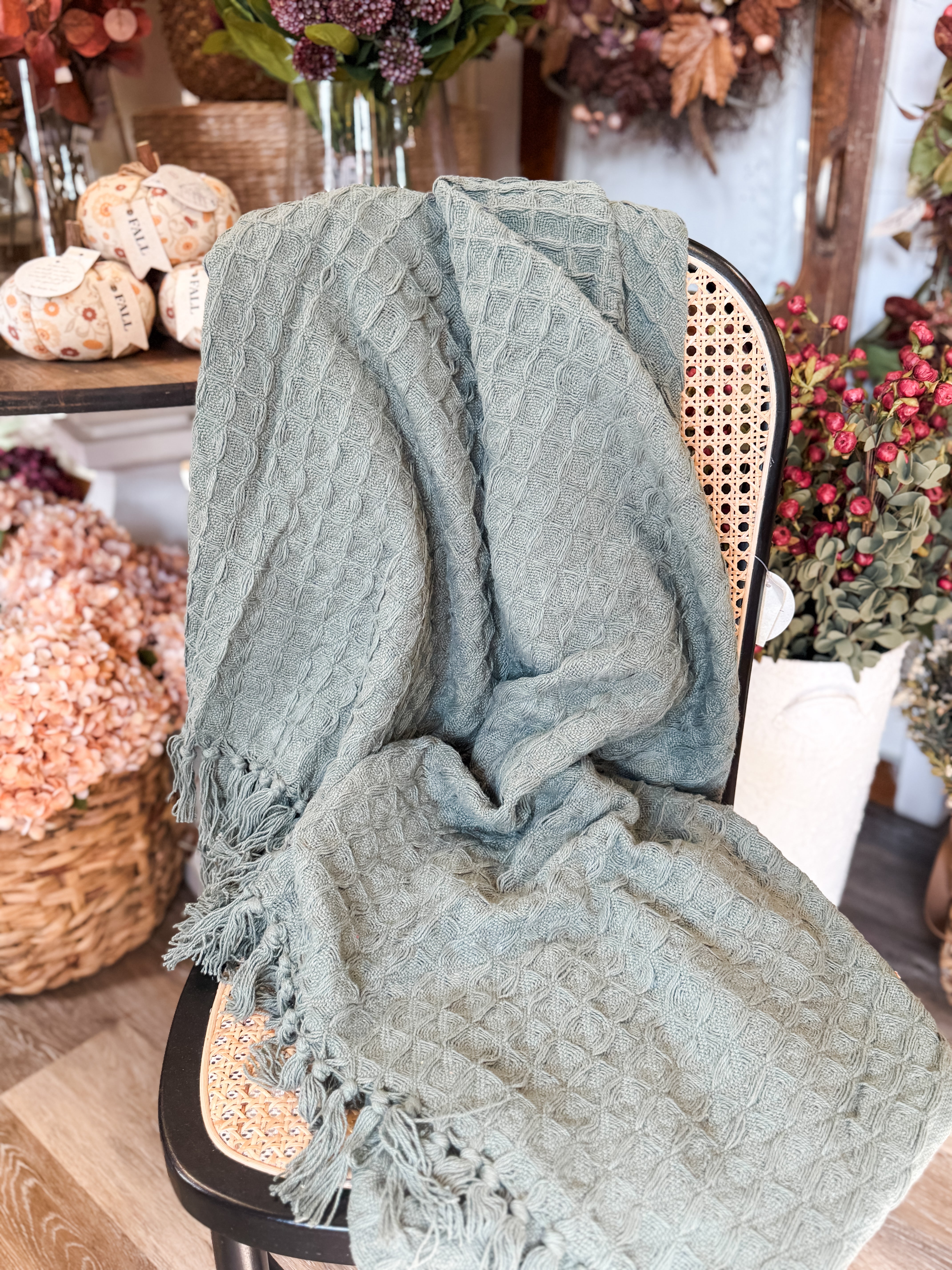 Waffle Weave Throw with Fringe, Green, Tied with Kraft Paper & Tape ...